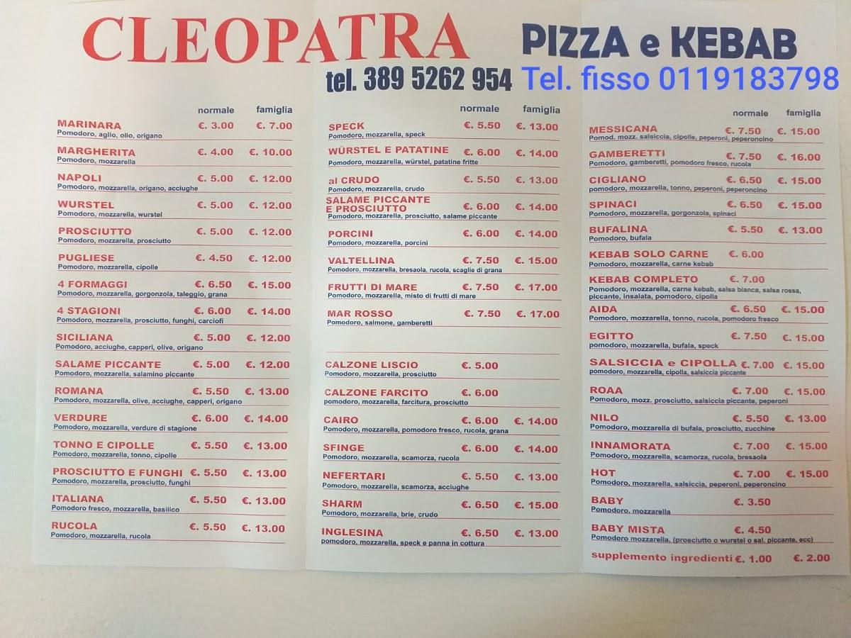 Menu da pizza & kebab cleopatra ristorante, Rondissone