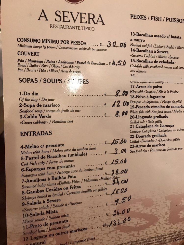 Menu at A Severa Restaurant, Lisbon