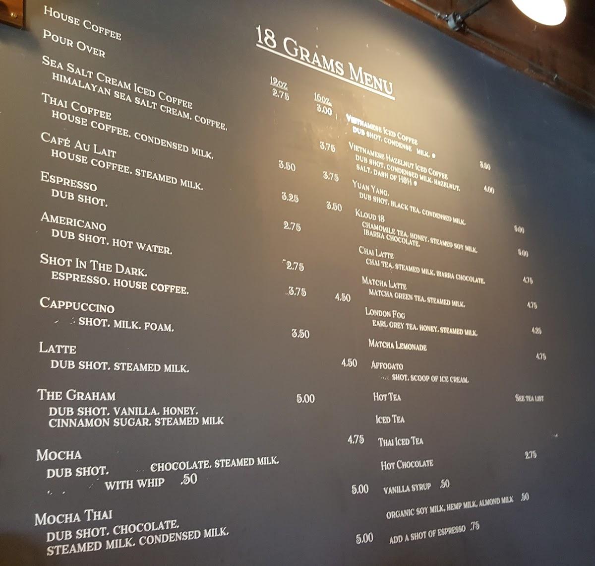 Menu at 18 Grams Coffee & Tea cafe, Elk Grove