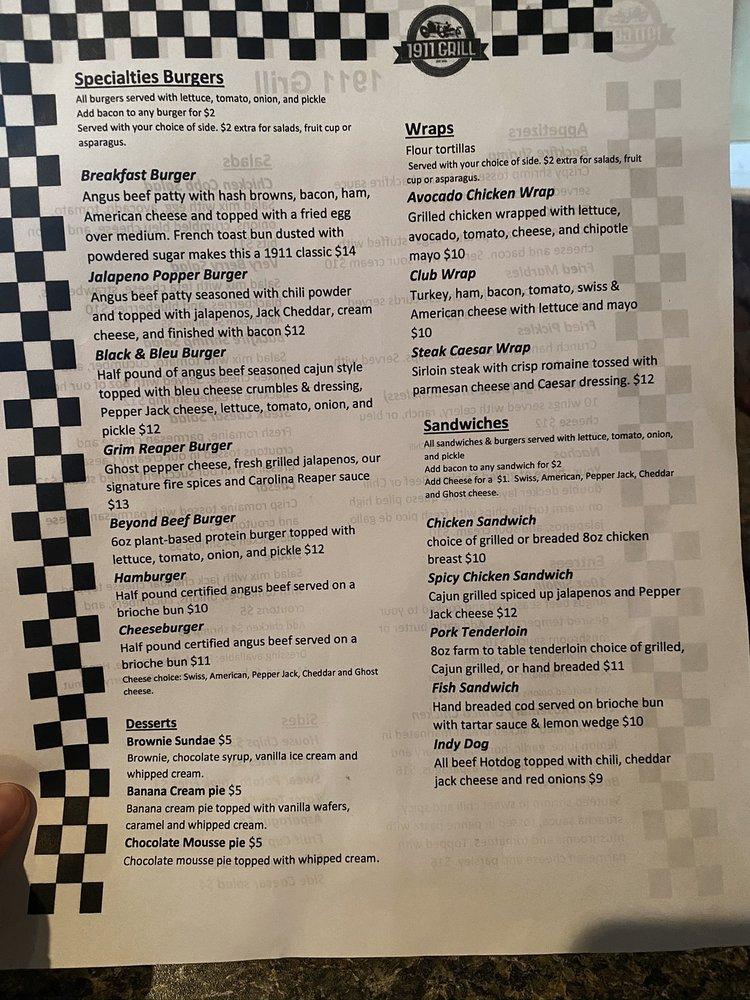 Menu at 1911 Grill restaurant, Speedway