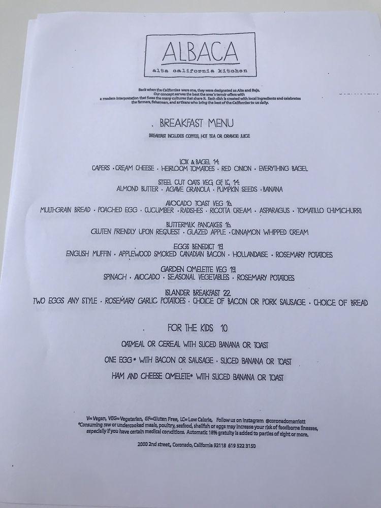 Menu at ALBACA restaurant, Coronado