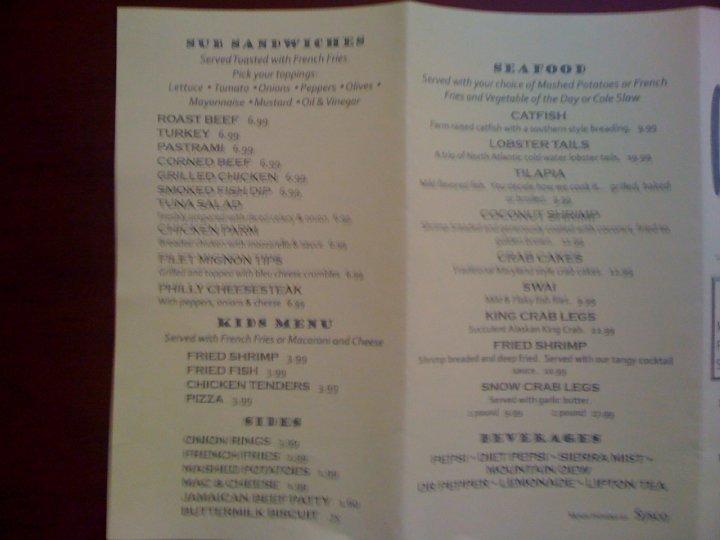 Menu at Calabash restaurant, DeLand