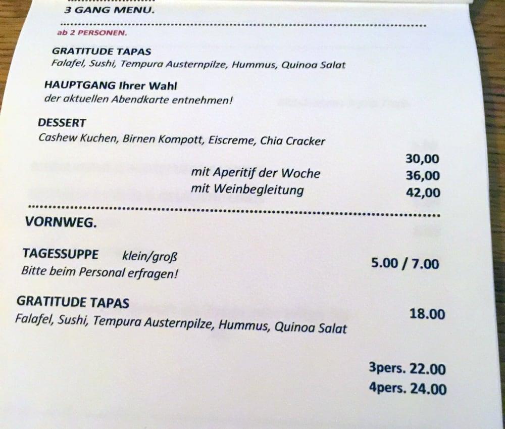 Menu at The Gratitude restaurant, Munich