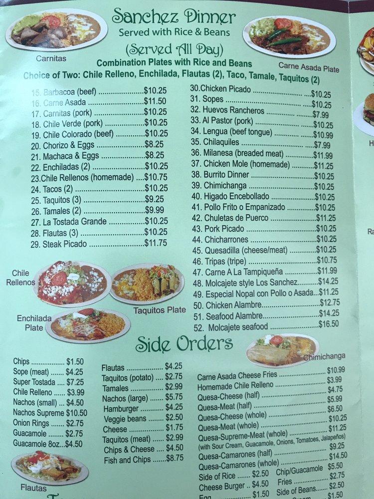 Menu at Los Sanchez Restaurant, Garden Grove