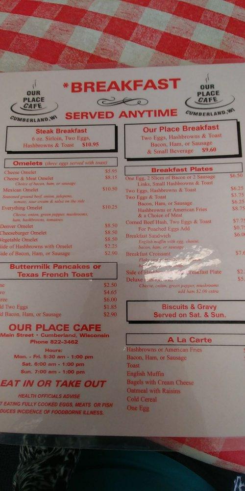 Menu at Our Place Cafe, Cumberland