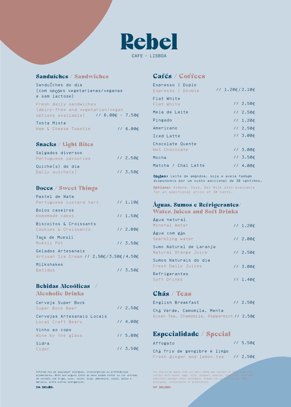 Menu at Rebel Café, Lisbon, R. de São Pedro de Alcântara 35