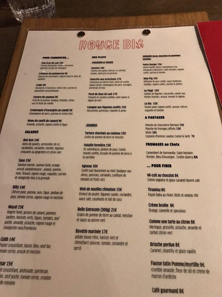 Menu at Rouge Bis pub & bar, Paris