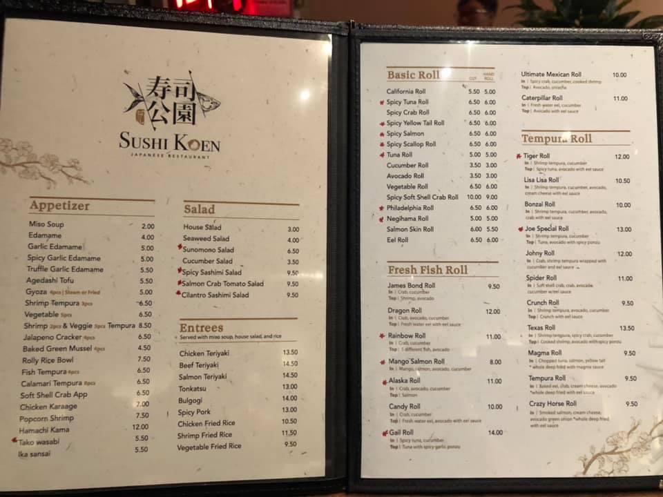 Menu at Sushi Koen restaurant, Round Rock