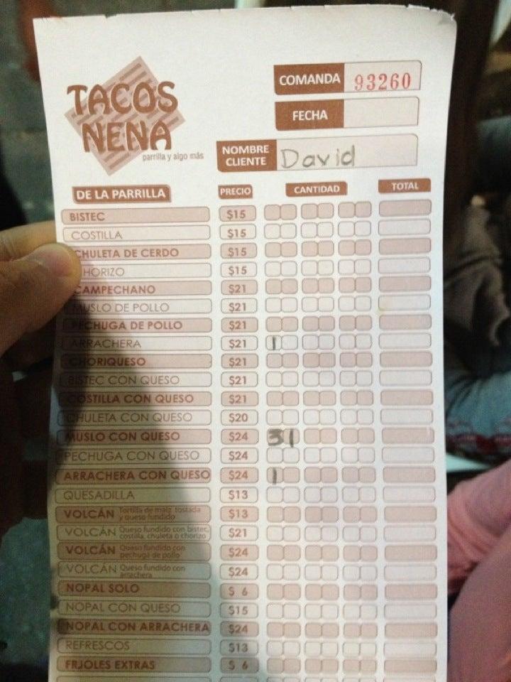 Carta del restaurante Tacos Nena, Ciudad del México, Mérida 218