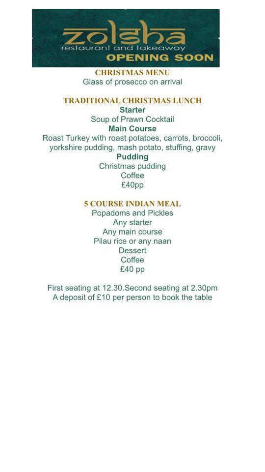 Menu at Zolsha restaurant, Howden