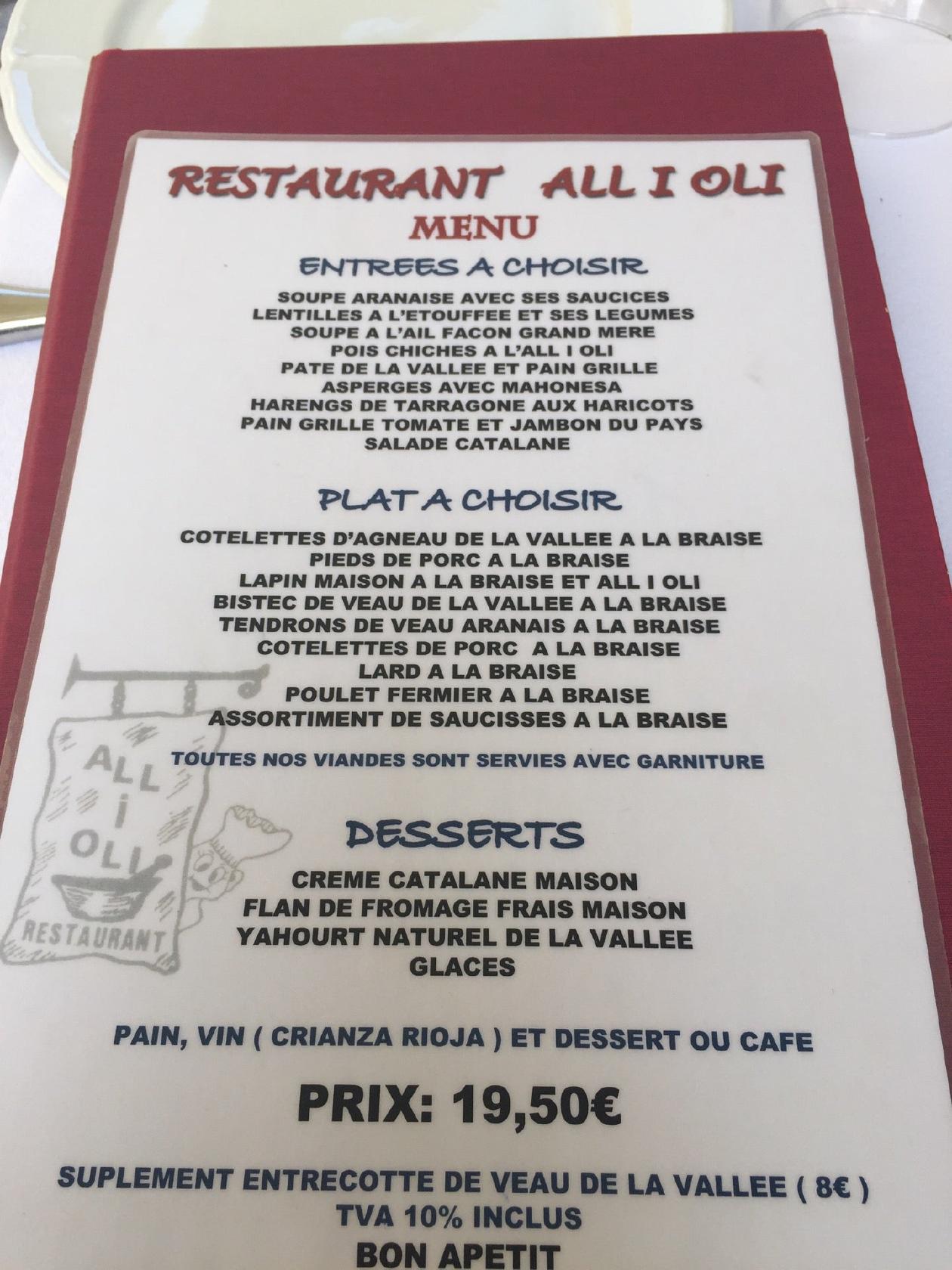 Carta del restaurante All i Oli, Vielha, Carrèr Major
