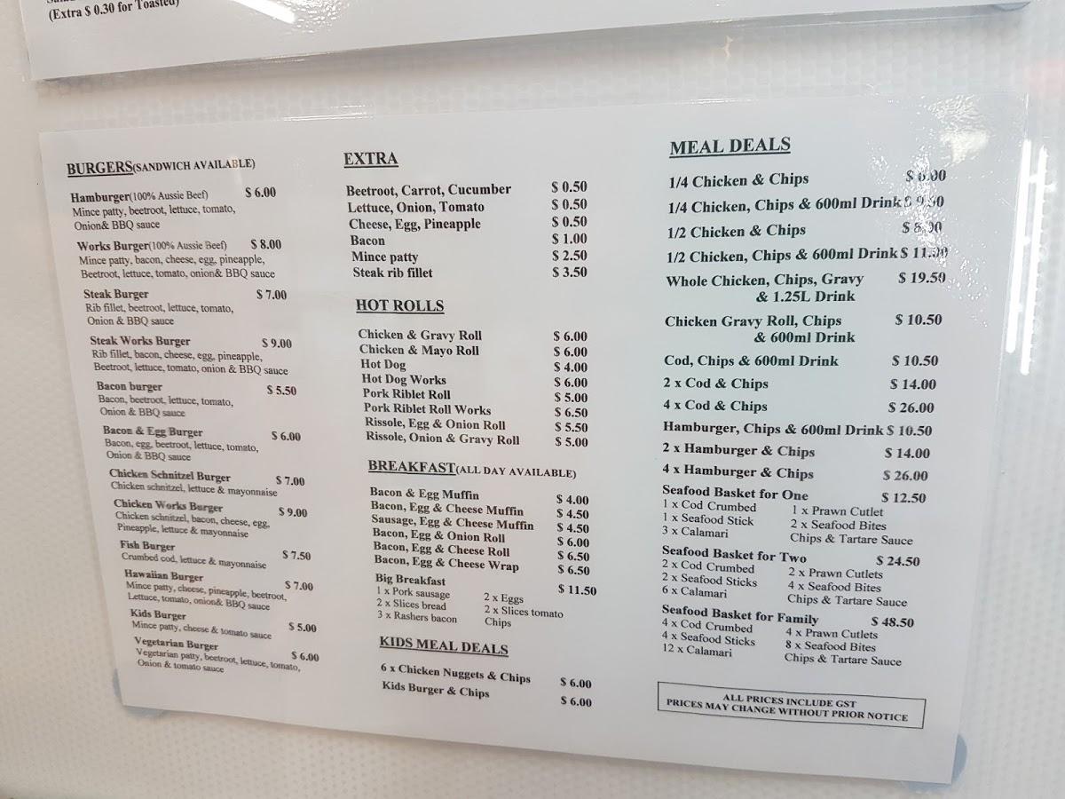 Menu at Flinders View Takeaway fast food, Flinders View, 3/1 Hibiscus St