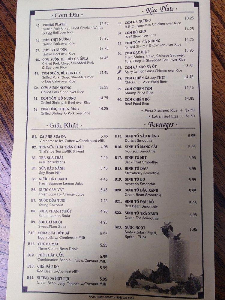 Menu at Pho New Saigon restaurant, Foster City