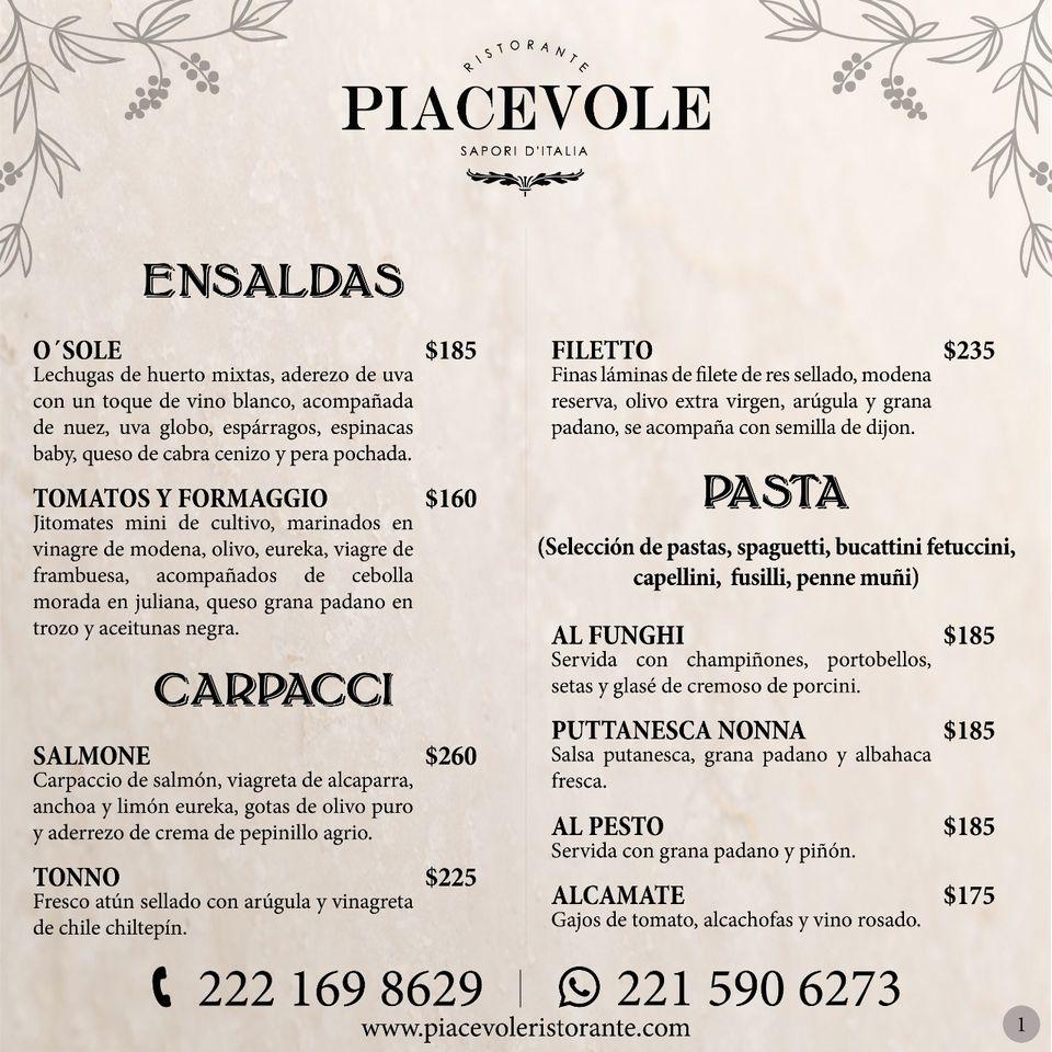 Menu at Piacevole restaurant, Puebla City, Osa Mayor 2716 Platinum Center