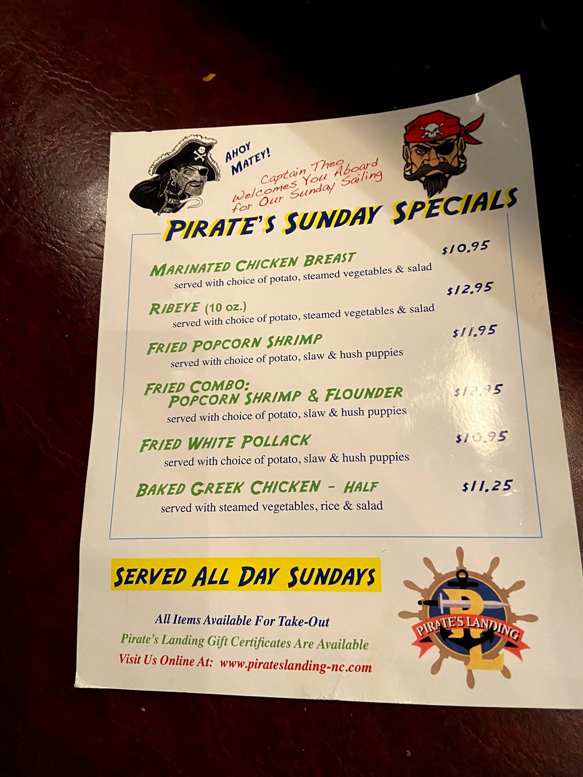 Carta del pub y bar Pirates Landing, Elkin, 161 Interstate Way