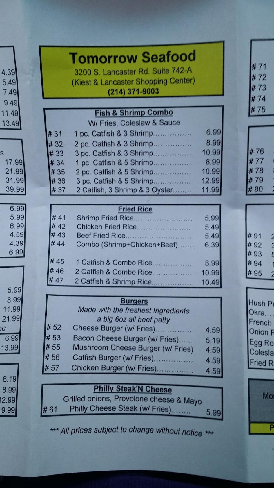 Menu at Tomorrow Seafood restaurant, Dallas