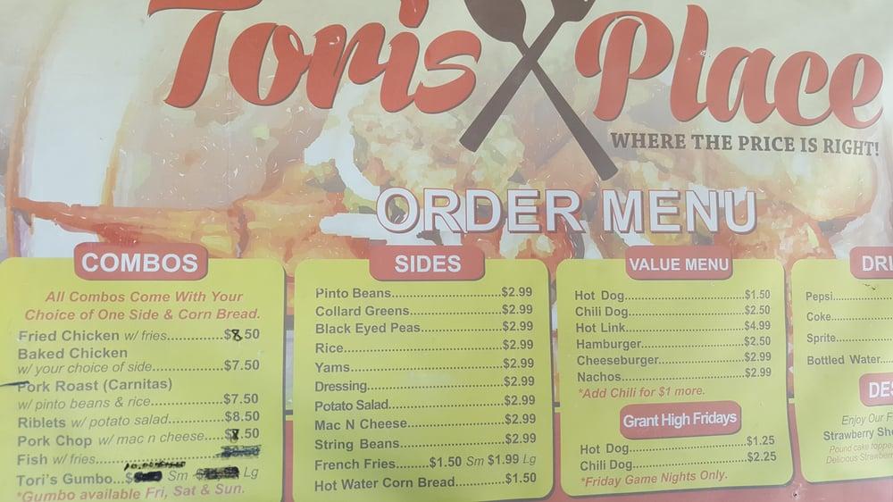 Menu at Tori's Place restaurant, Sacramento