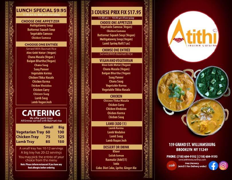 Menu at Atithi restaurant, New York City