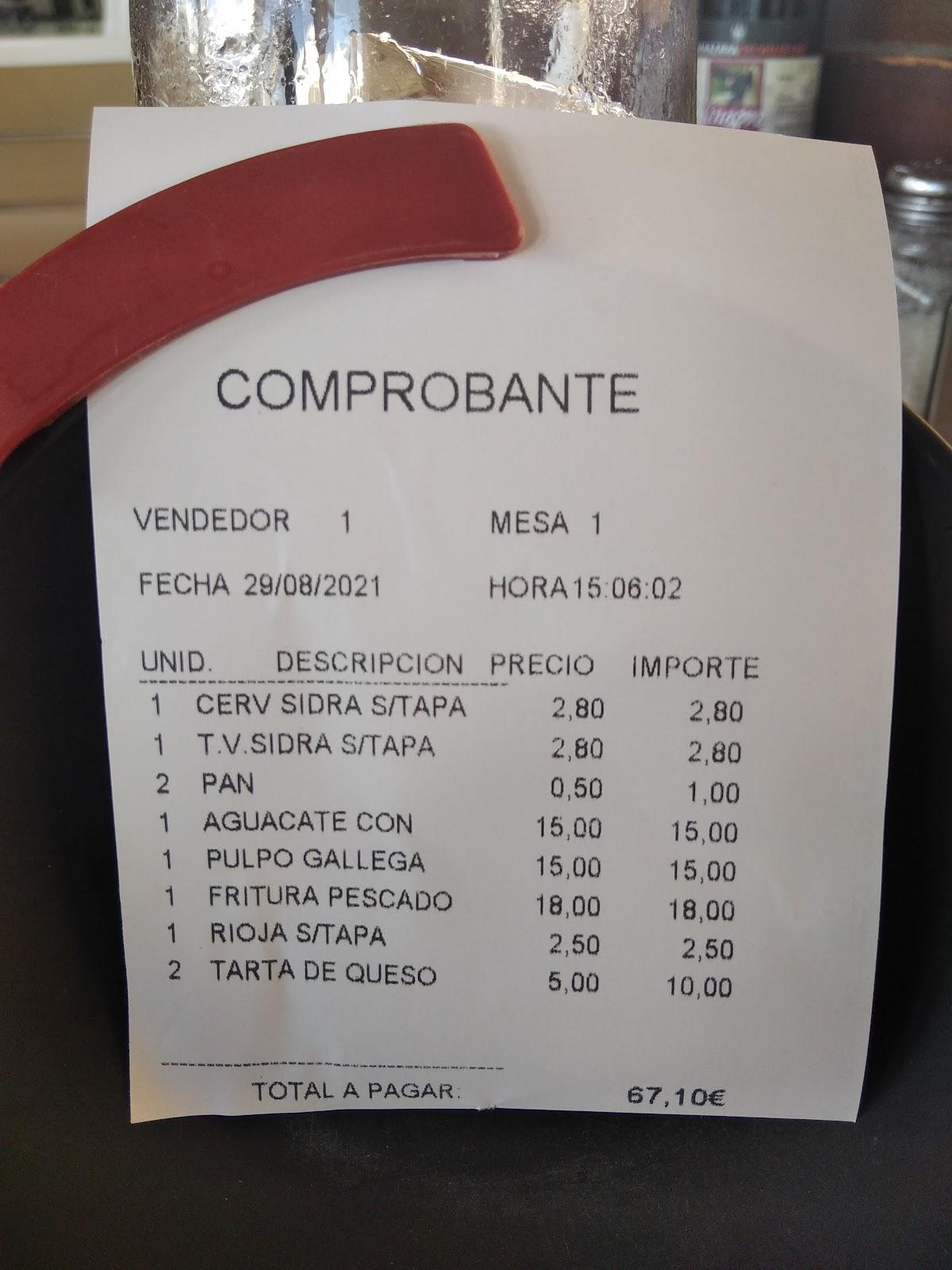 Carta del restaurante Chiringuito el Torero, Aguadulce