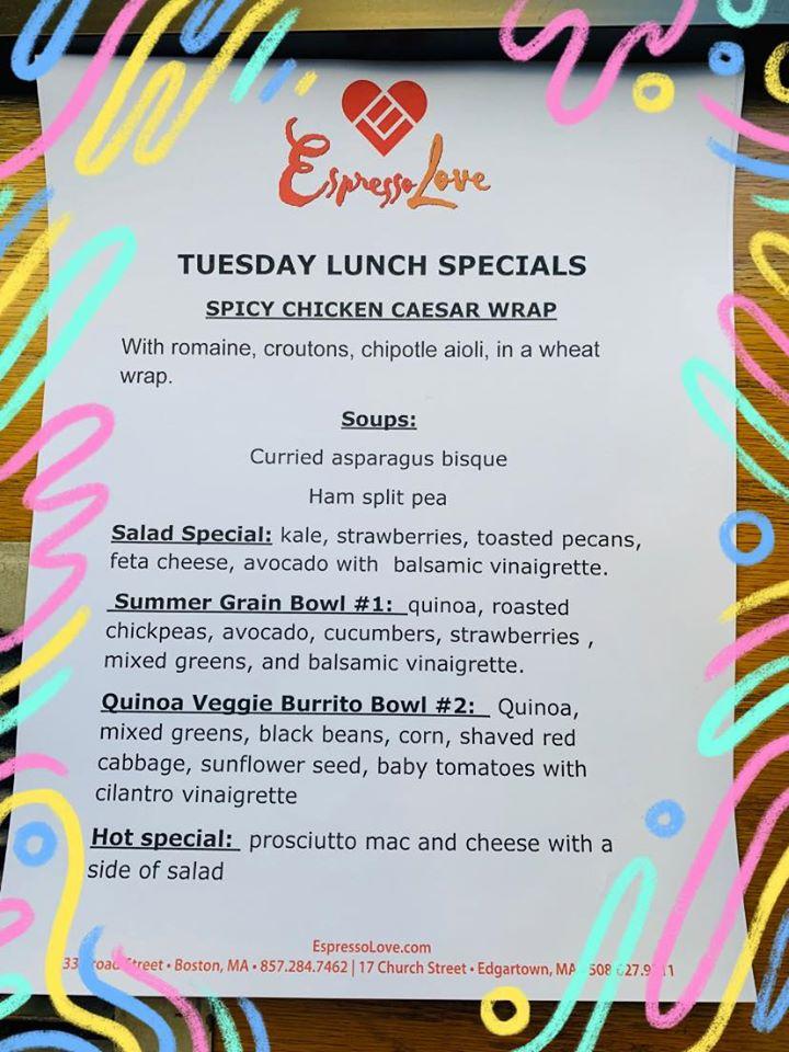 Menu at Espresso Love cafe, Boston, 33 Broad St