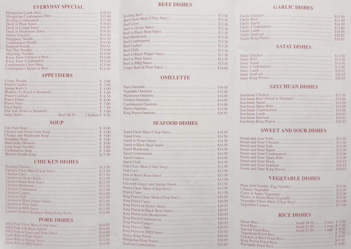 Menu at Everyday Chinese restaurant, Bunbury