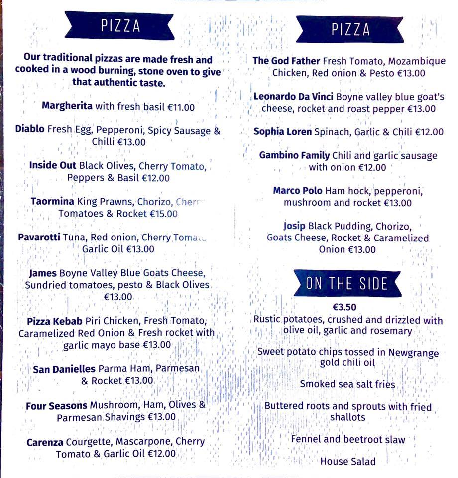 Menu at Inside Out restaurant, Slane