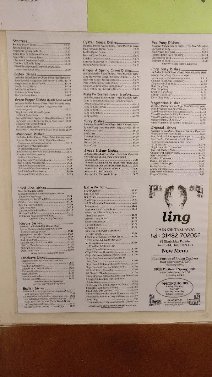 Menu at Ling Take Away, Hull