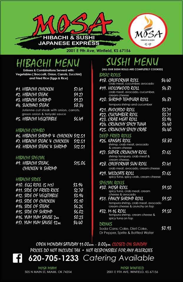 Menu at MOSA Hibachi & Sushi Japanese Express Winfield restaurant, Winfield