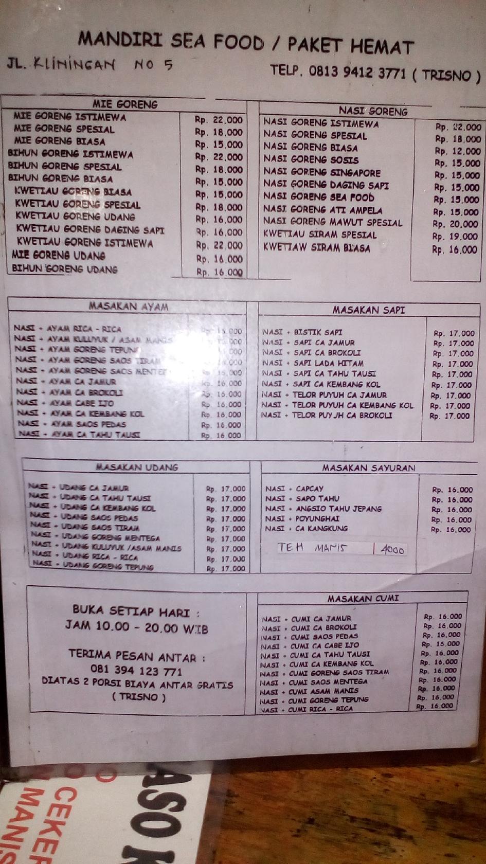 Menu at Mandiri Seafood restaurant, Bandung, Jl. Kliningan No.5