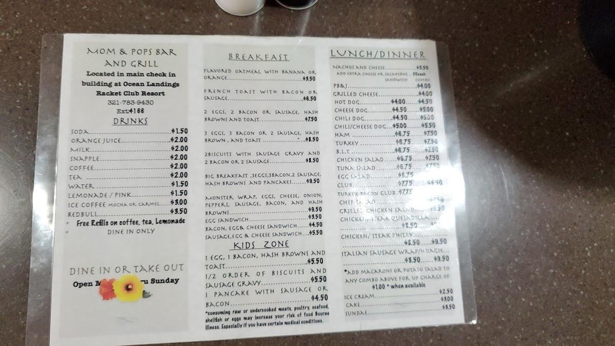 Menu at Mom and Pop's Bar and Grill, Cocoa Beach