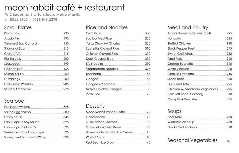 Menu at Moon Rabbit Cafe & Restaurant, San Juan