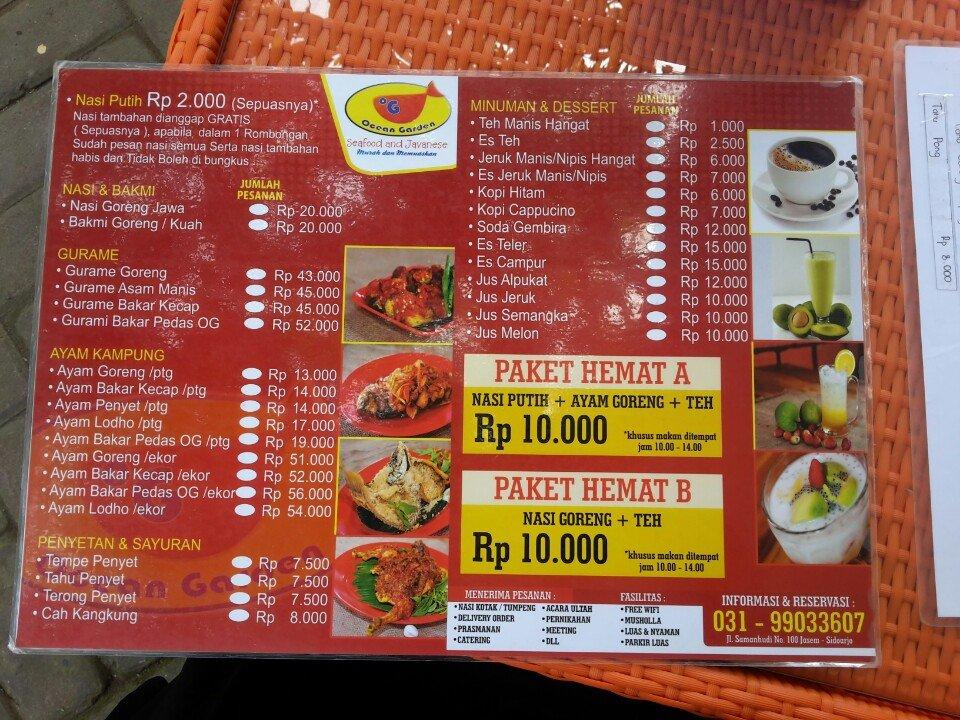 Menu at Ocean Garden Seafood and Javanese restaurant, Sidoarjo
