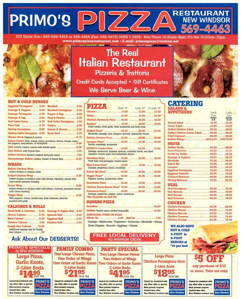Menu at Primo's Pizza pizzeria, New Windsor, 573 Union Ave