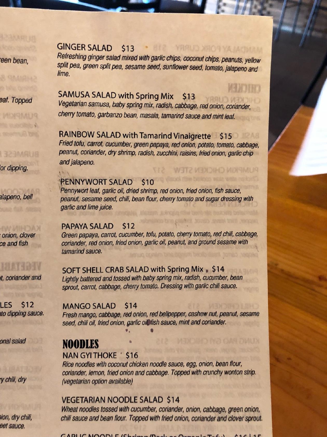 Menu at Rangoon Burmese kitchen restaurant, Honolulu