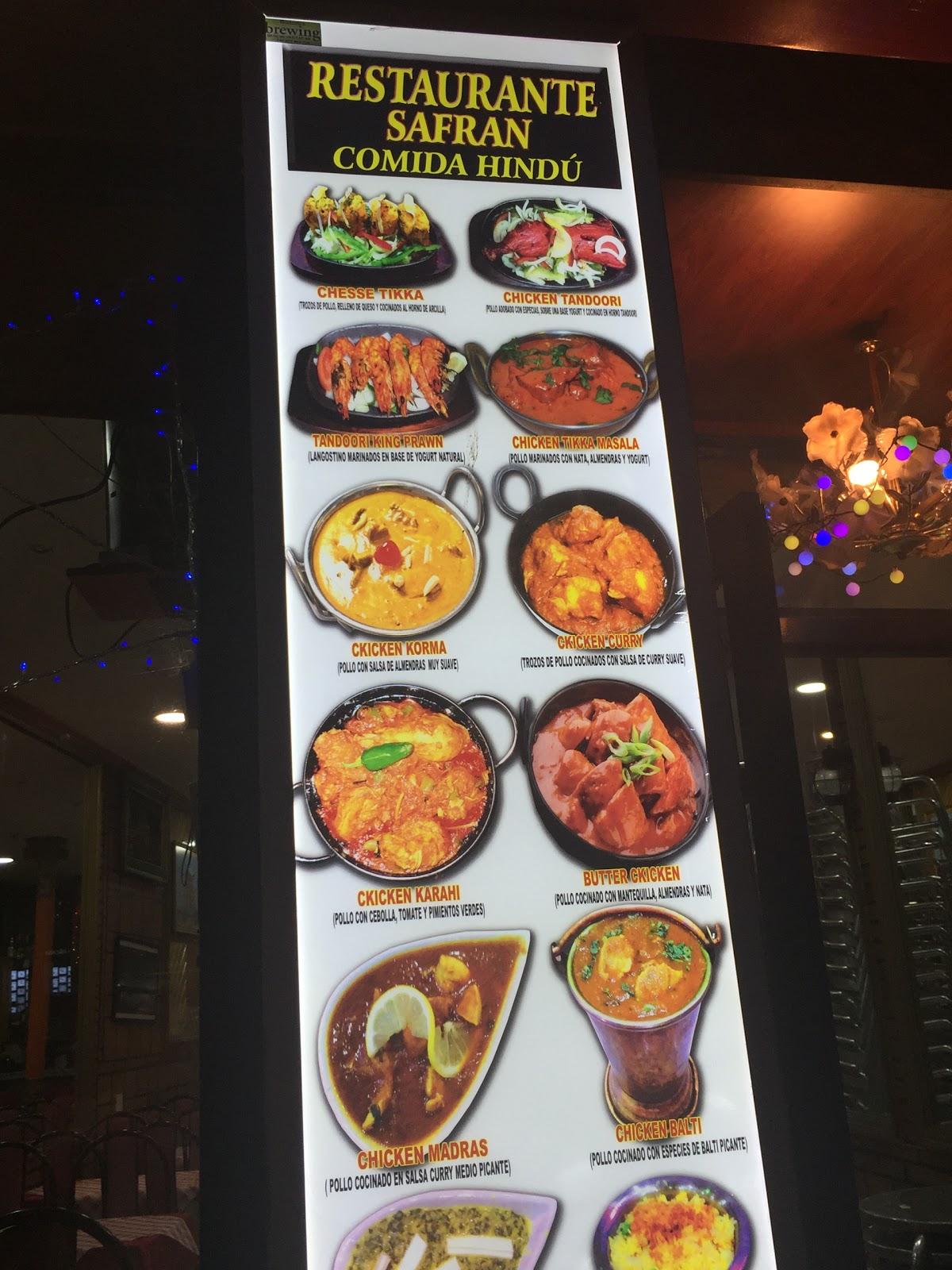 Menu at Safran Indian restaurant, Madrid