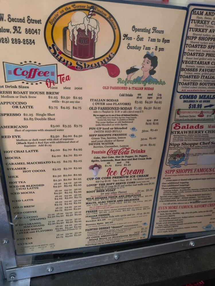 Menu at Sipp Shoppe restaurant, Winslow