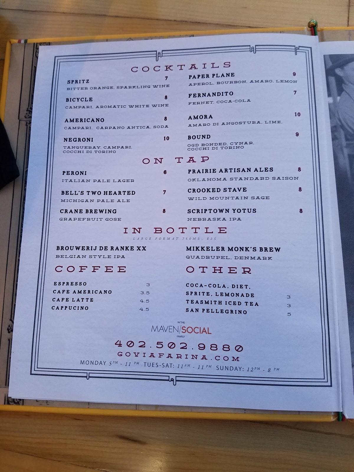 Menu at Via Farina pizzeria, Omaha
