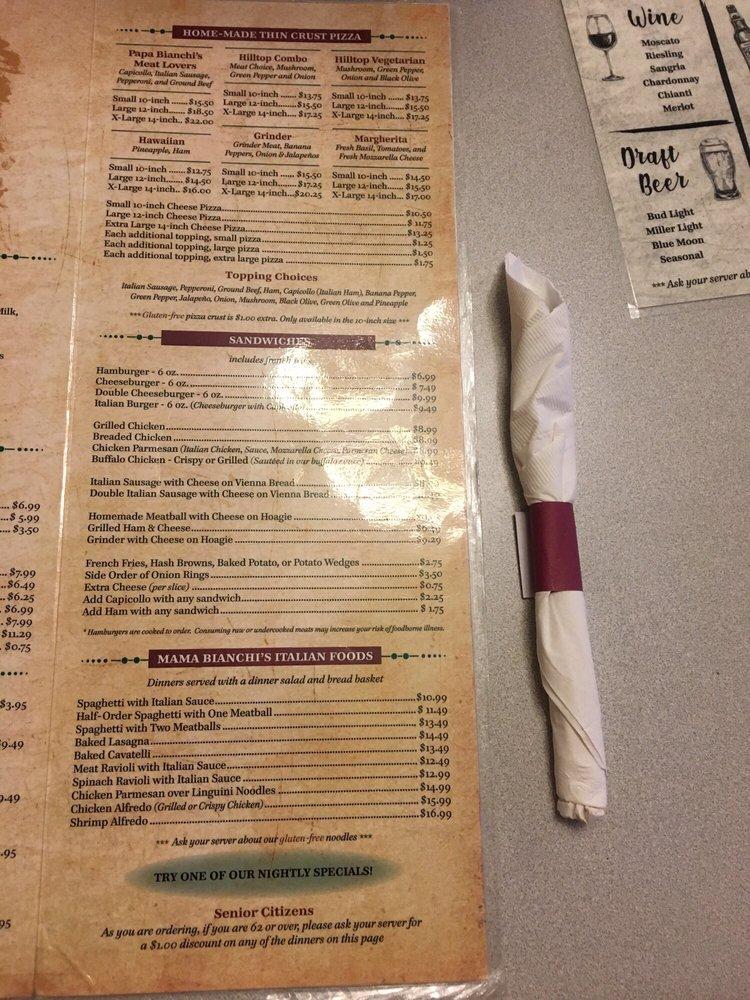 Menu at Bianchi's Hilltop Restaurant, Des Moines