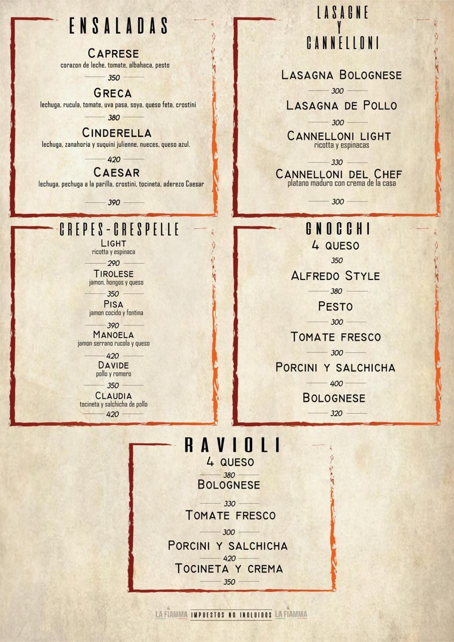Menu at La Fiamma restaurant, Santiago De Los Caballeros