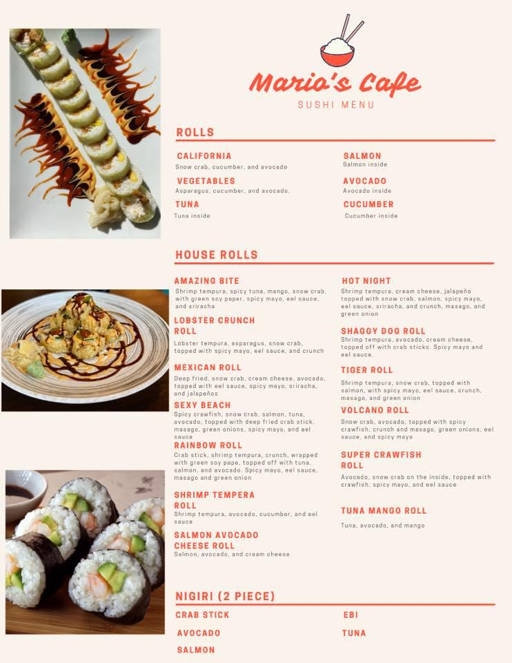 Menu at Mario's Cafe, Holly Lake Ranch