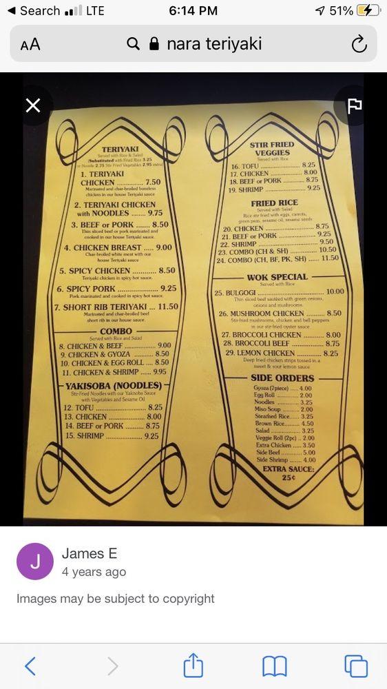 Menu at Nara Teriyaki restaurant, Newberg