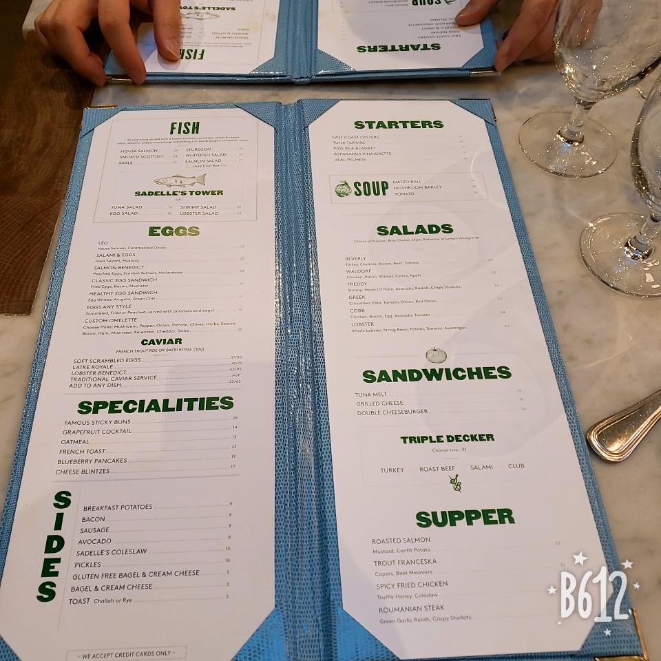 Menu at Sadelle's restaurant, New York City