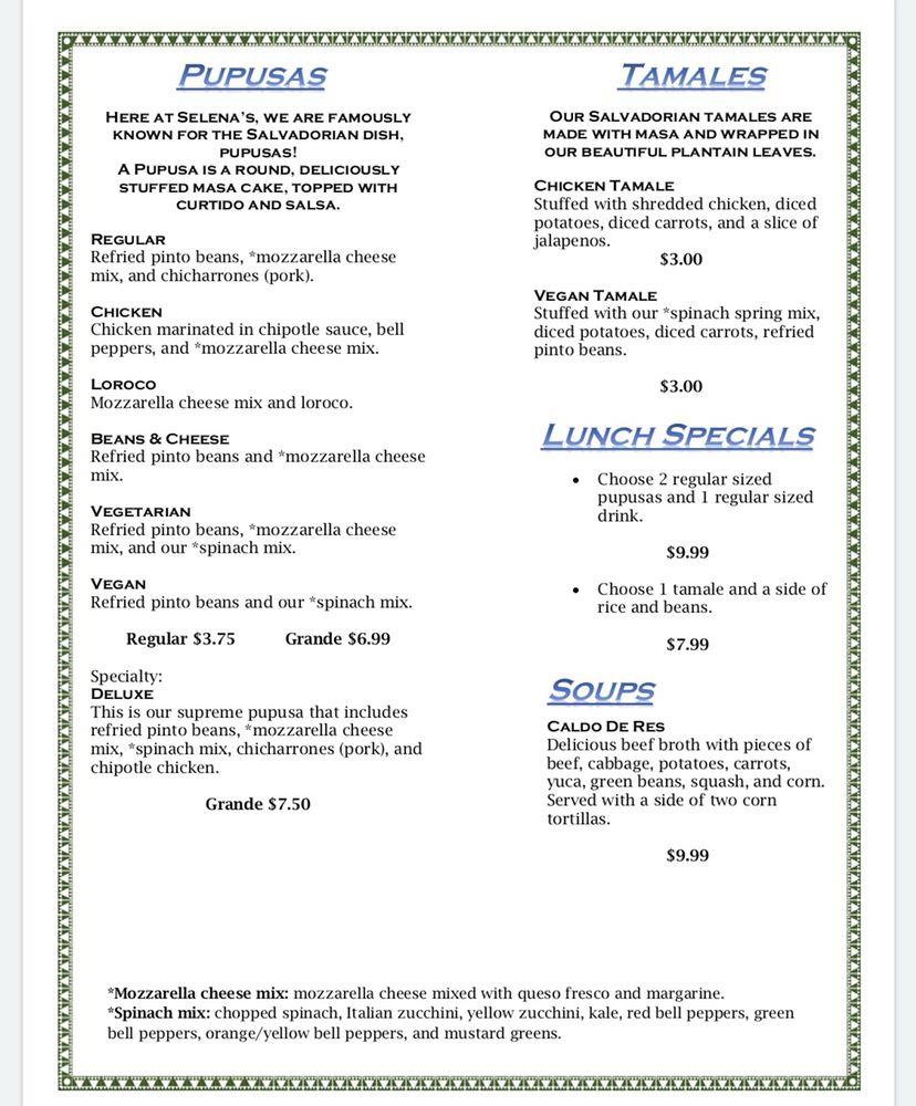 Menu at Selena's Salvadorian Restaurant, Tucson