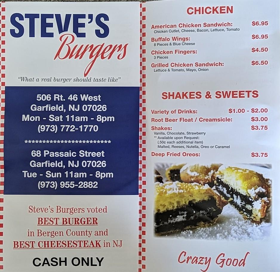 Menu at Steve's Burgers restaurant, Garfield, 506 US-46