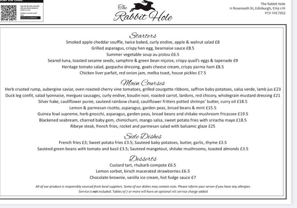 Menu at The Rabbit Hole restaurant, Edinburgh, 11 Roseneath St