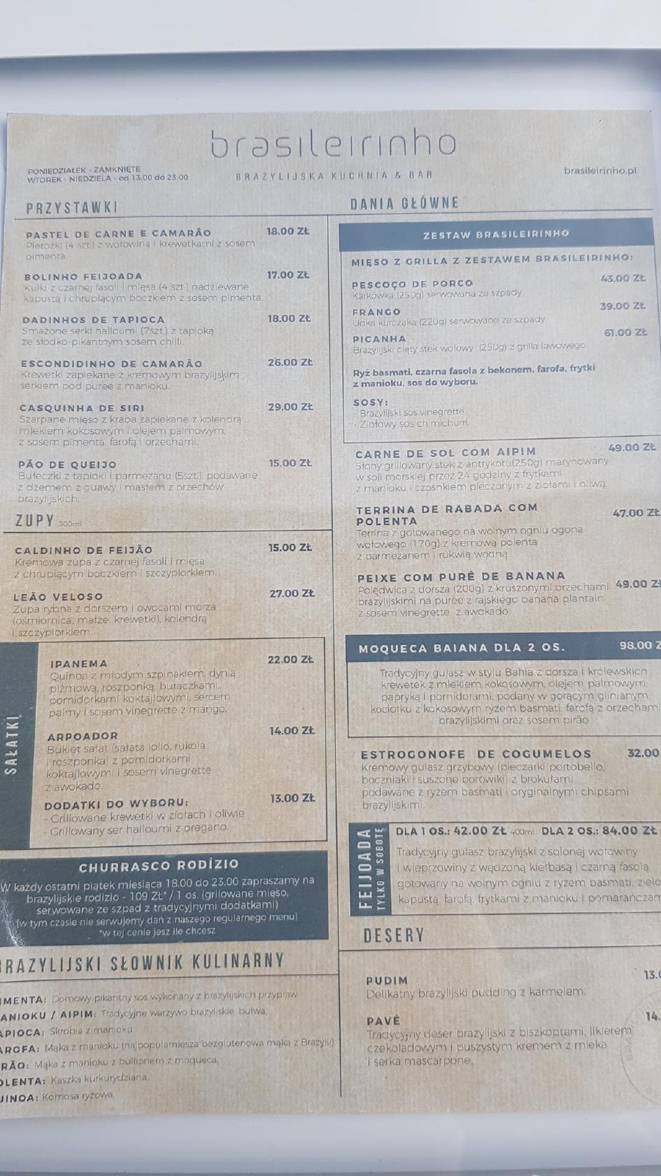 Menu at Brasileirinho Brazylijska Kuchnia & Bar, Szczecin