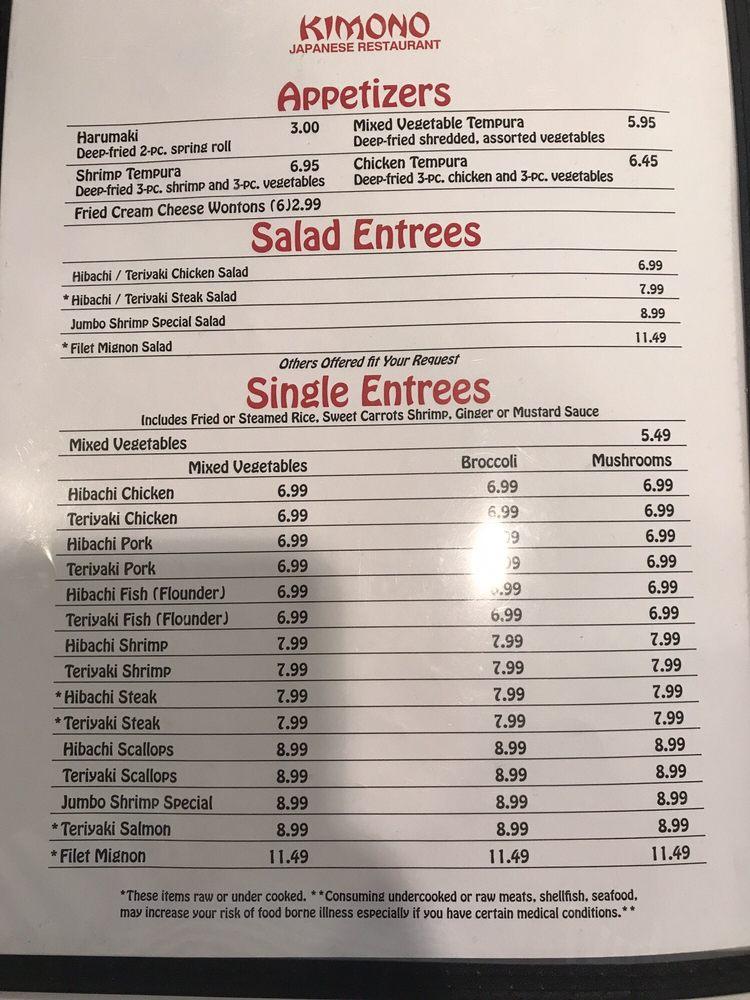 Menu at Kimono Japanese Restaurant, Clemmons, Lewisville Clemmons Rd