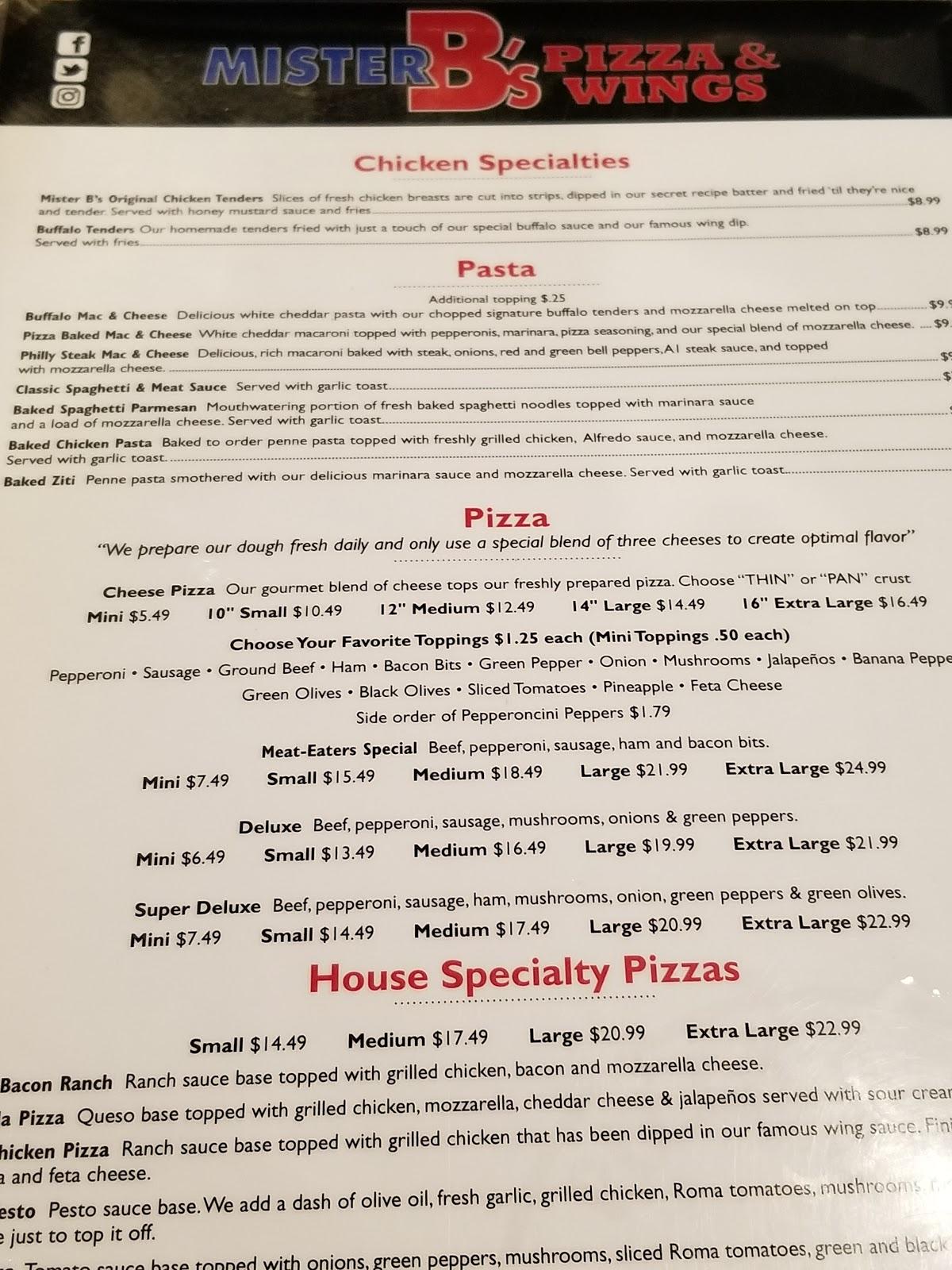 Menu at Mister B's Pizza & Wings restaurant, Evansville