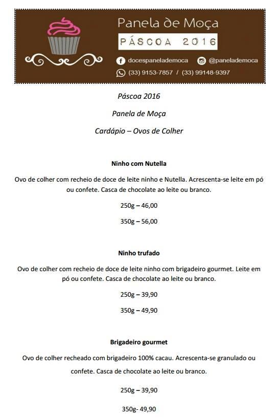 Menu at Panela de Moça restaurant, Governador Valadares