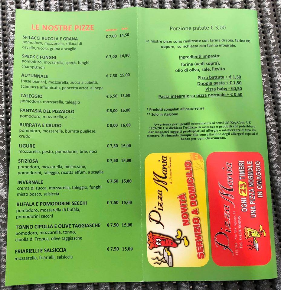 Menu da Pizza Mania pizzeria, Feltre